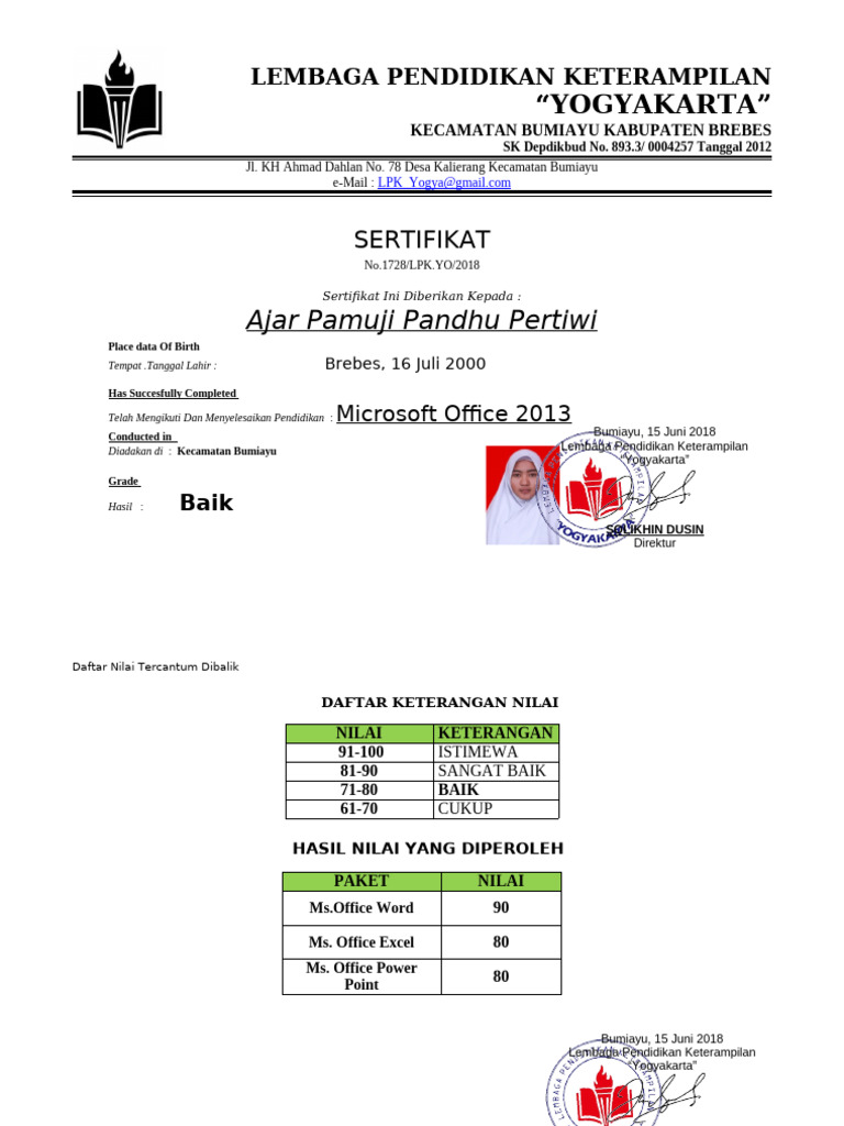 Sertifikat Kursus Komputer | PDF