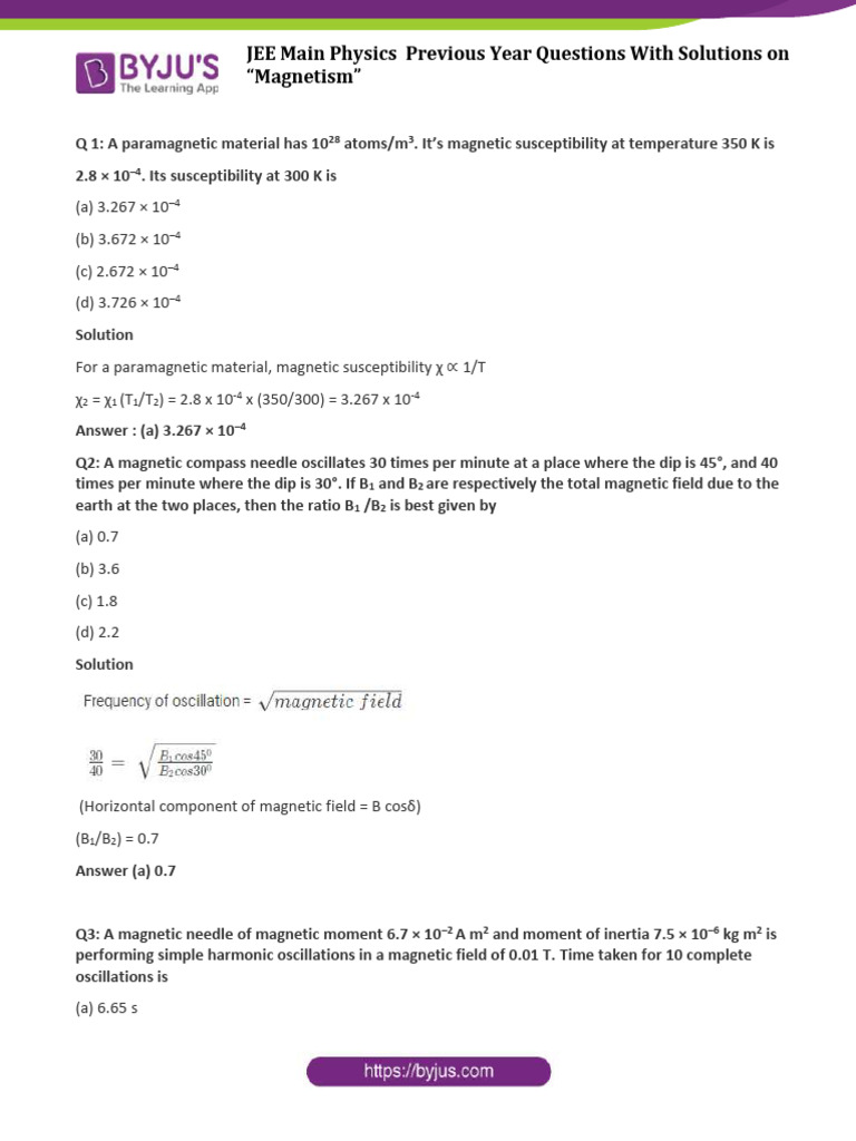 JEE Main Physics Previous Year Questions With Solutions On Magnetism | PDF