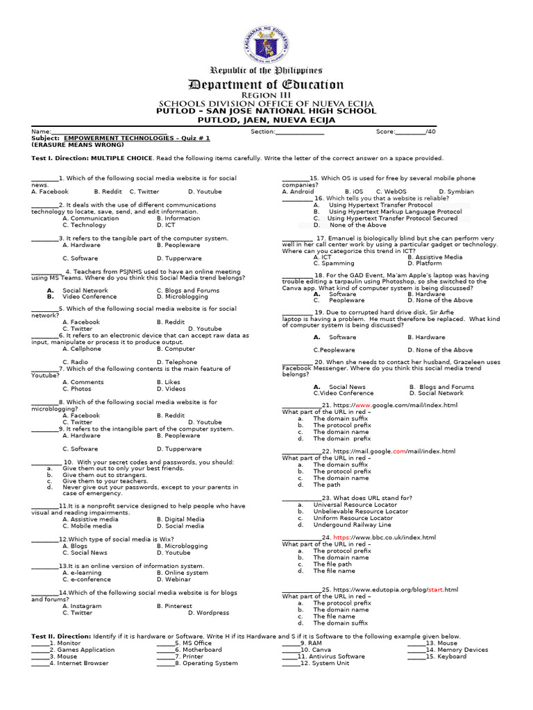 Empowerment Technologies - LESSON 1 - QUIZ # 1 & 2 (Informatin and ...