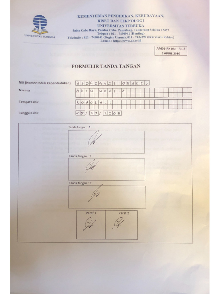 FRM Tanda Tangan Arin | PDF