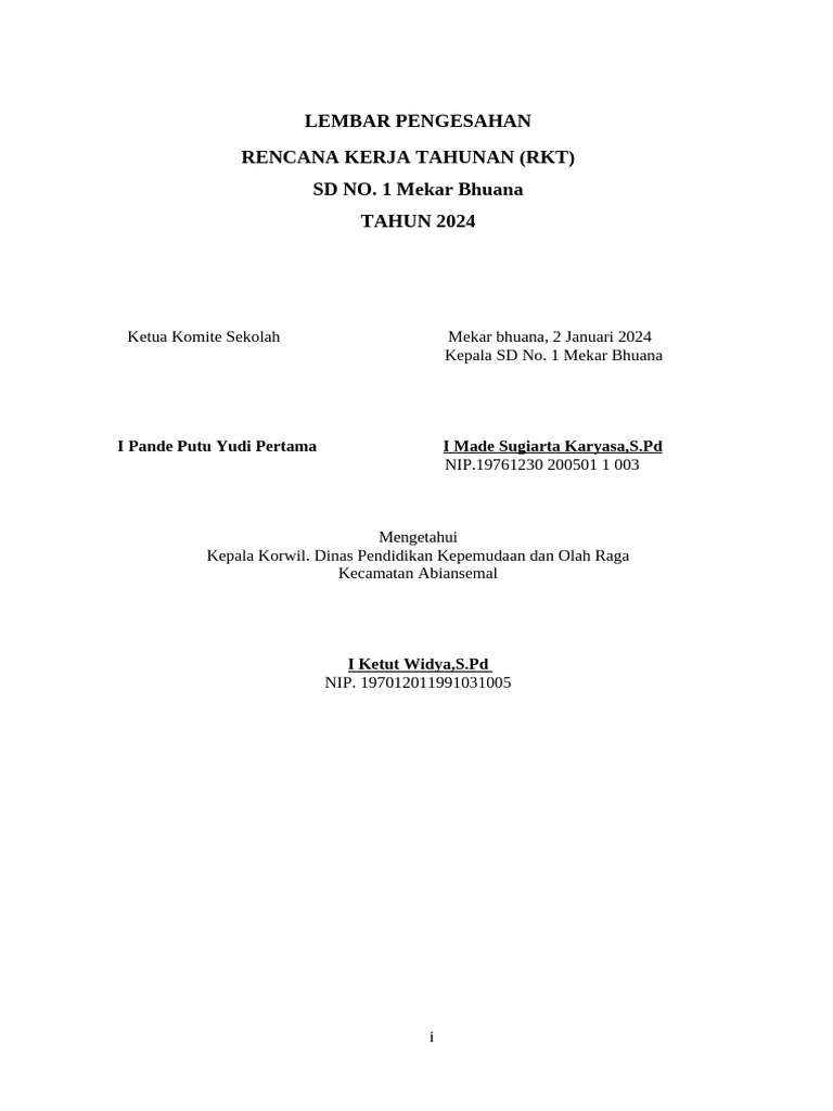 Lembar Pengesahan Rencana Kerja Tahunan (RKT) SD NO. 1 Mekar Bhuana ...