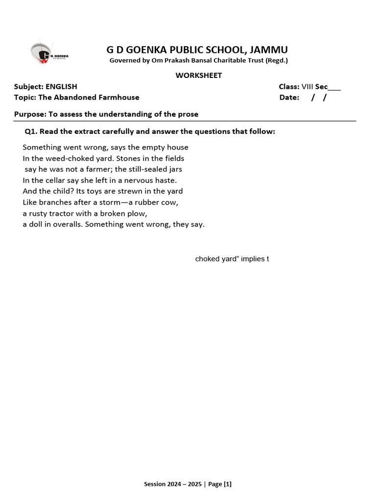 Abandoned Farmhouse Worksheet for Class 8 | PDF | Teaching Methods ...