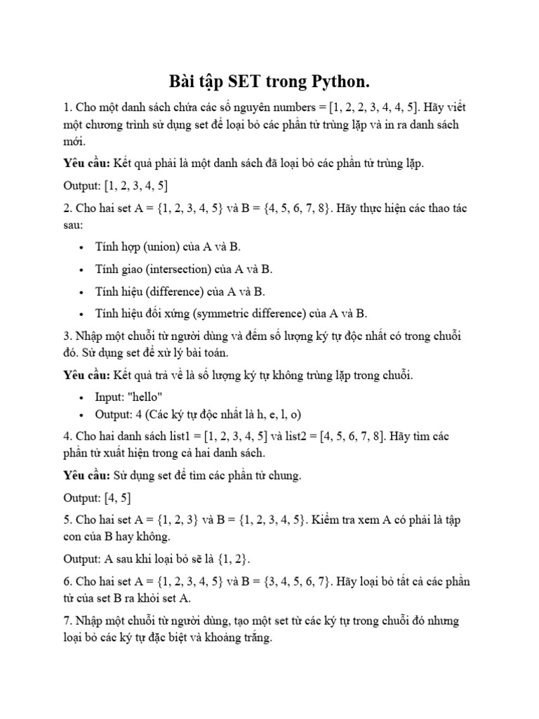 Bài tập SET trong Python | PDF