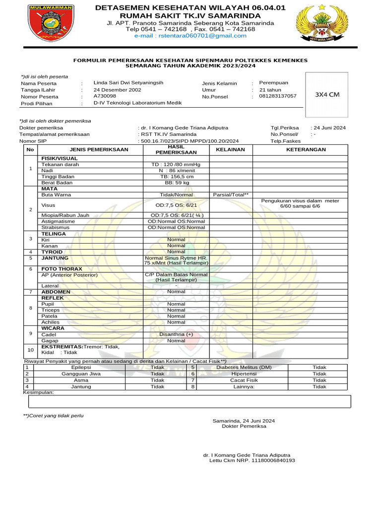 Kop Rs Form Pemeriksaan Kesehatan Poltekkes Kemenkes Semarang 2024 | PDF