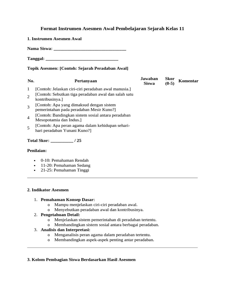 Format Instrumen Asesmen Awal Pembelajaran Sejarah Kelas 11 | PDF