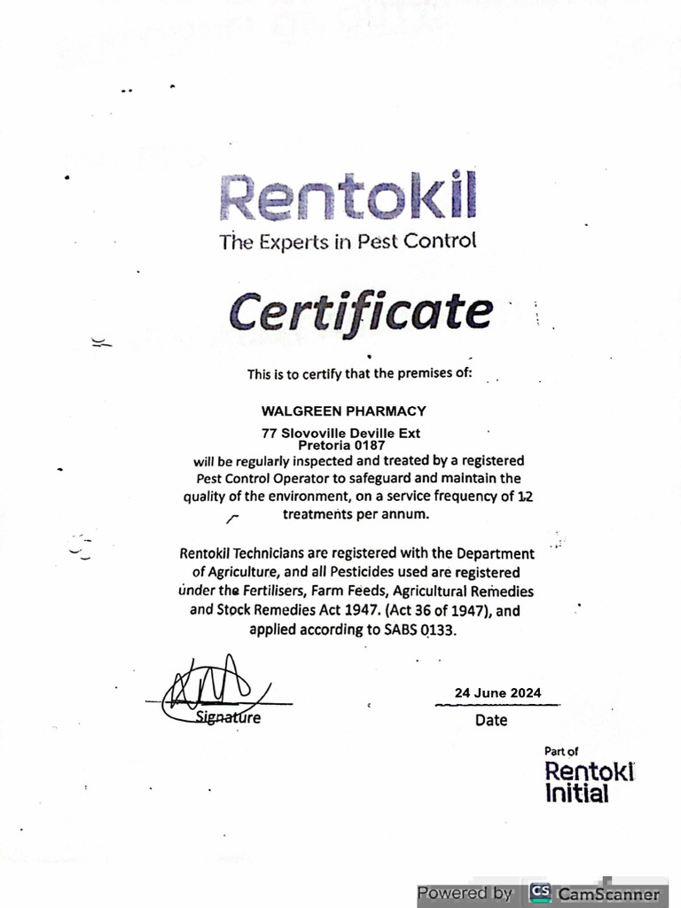 Pest Control Certificate-Walgreen- Pharmacy | PDF Pest Control Certificate-Walgreen- Pharmacy | PDF