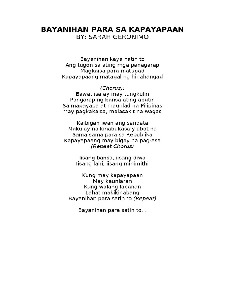 Bayanihan para Sa Kapayapaan-Lyrics | PDF