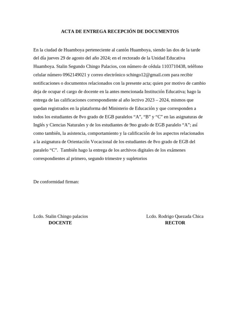 Acta de Entrega Recepción de Documentos | PDF