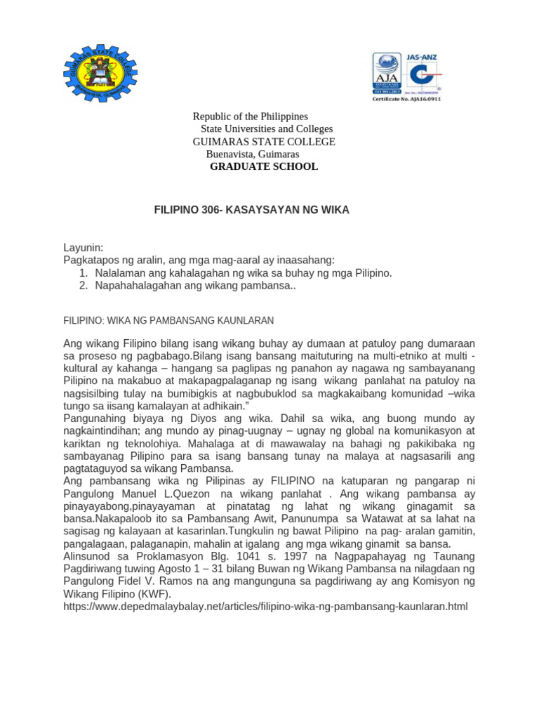 FIL-306-Kasaysayan-ng-Wika-PAG-UNLAD-NG-WIKANG-PAMBANSA | PDF FIL-306-Kasaysayan-ng-Wika-PAG-UNLAD-NG-WIKANG-PAMBANSA | PDF