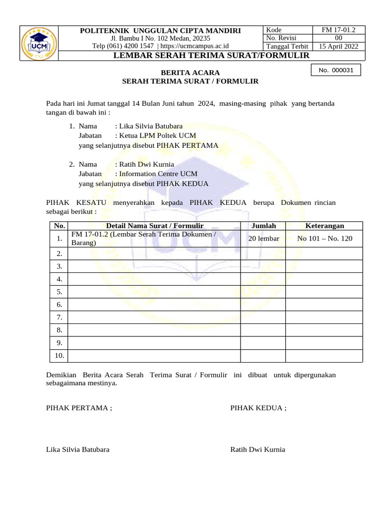 Lembar Serah Terima Formulir | PDF