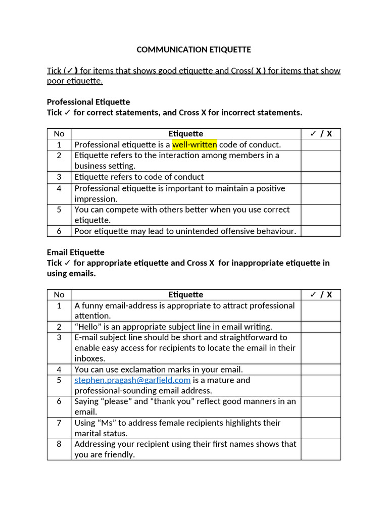 Communication Etiquette In-Class Exercise - Questions | PDF