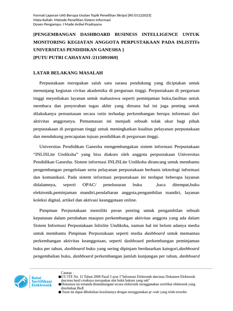 Laporan UAS - Usulan Topik - Putu Putri Cahayani - 069 - PAK SURYA | PDF