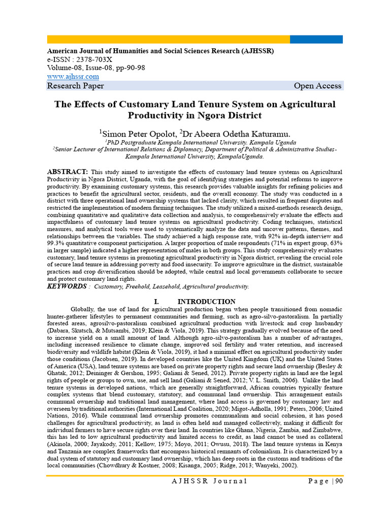 The Effects of Customary Land Tenure System On Agricultural ...