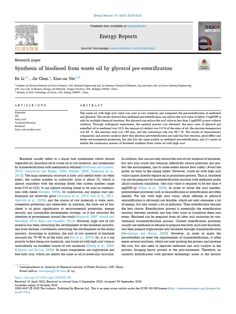 Synthesis of Biodiesel From Waste Oil by Glycerol Pre-Esterification ...