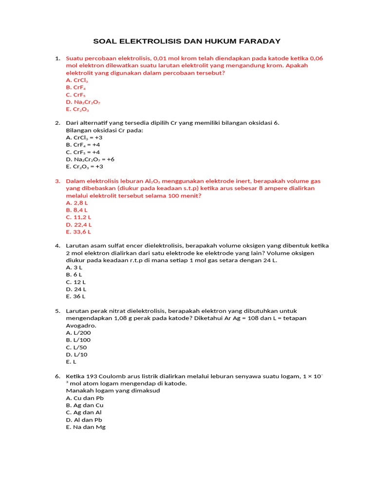 Soal Elektrolisis Dan Hukum Faraday - Latihan - HOTS | PDF