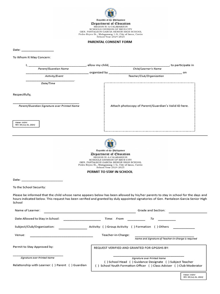 Parental Consent Form - Permit To Stay Form | PDF