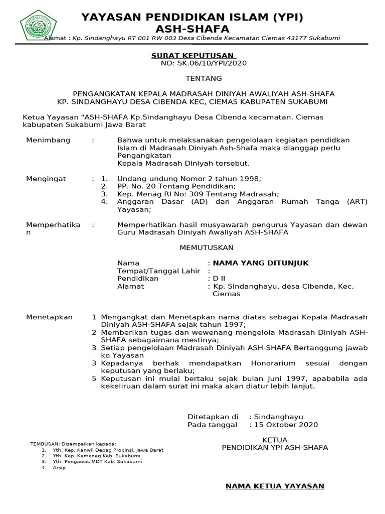 MASTER SK Pengangkatan Kepala Madrasah Diniyah | PDF