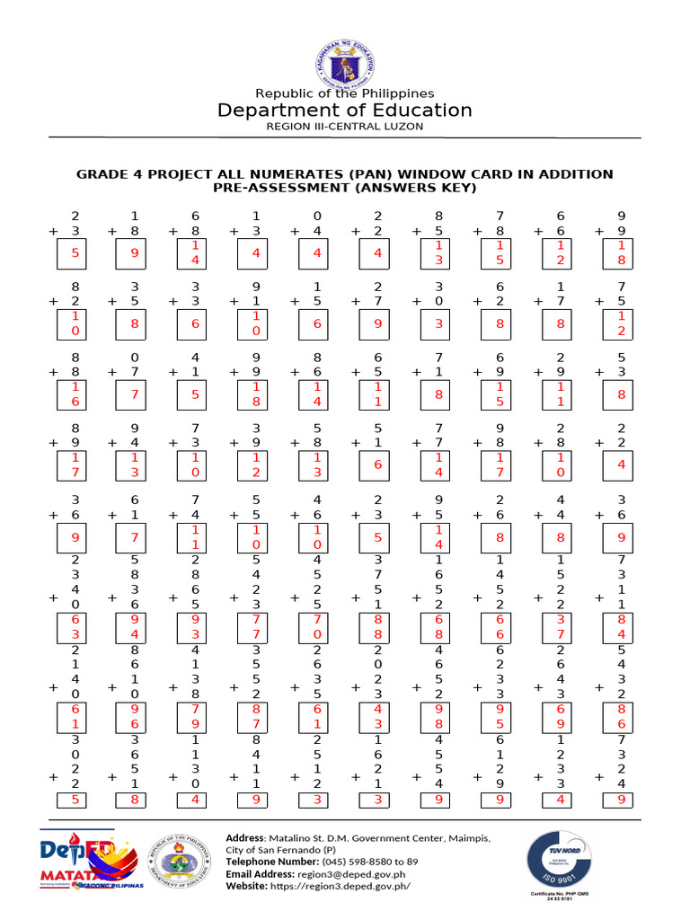 GRADE 5_WINDOW CARDS_PRE_ANSWERS KEY | PDF