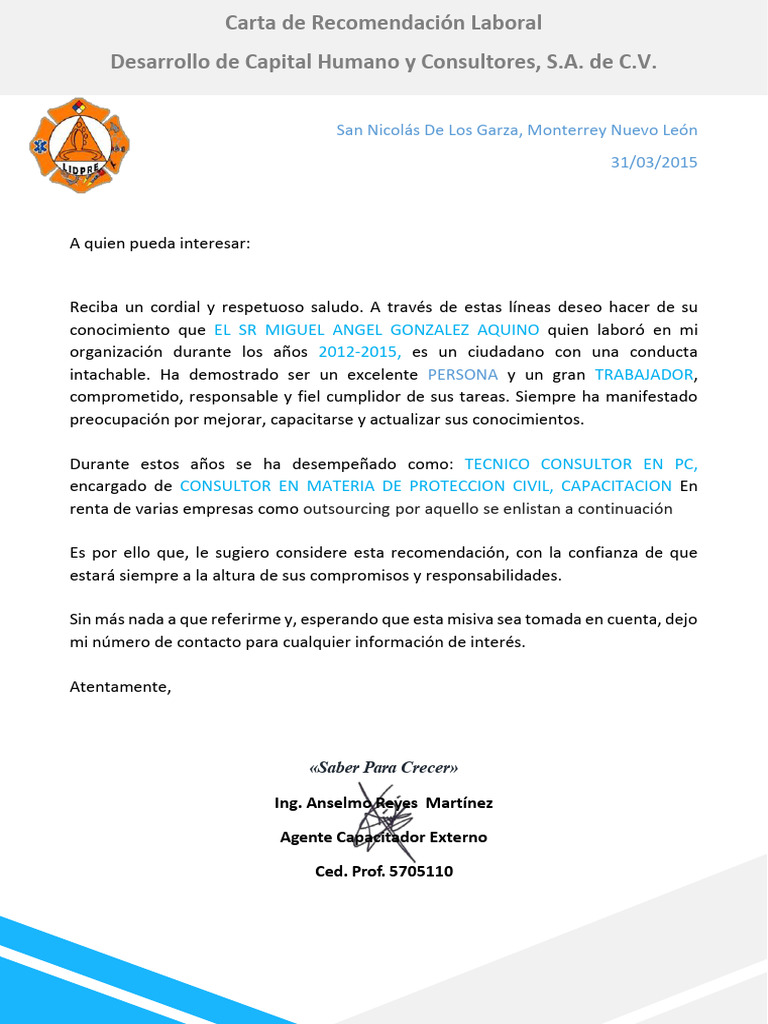 Carta Recomendacion DCHC M.A.G.A 2015 | PDF