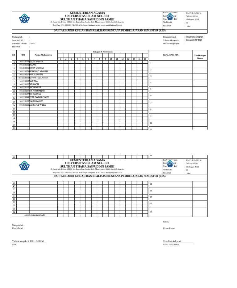 16.05 Form Daftar Kehadiran Kuliah Dan Realisasi Rps | PDF
