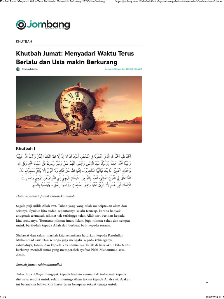Khutbah Jumat - Menyadari Waktu Terus Berlalu Dan Usia Makin Berkurang - NU Online Jombang | PDF