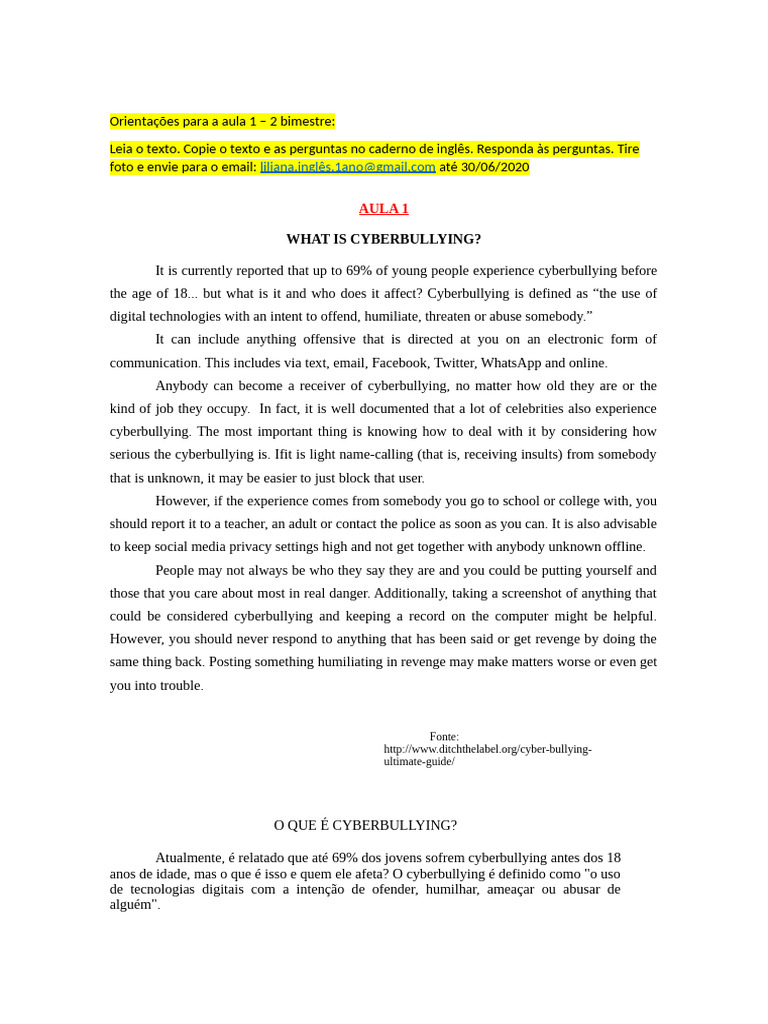 Aula 1 - 2 Bimestre. Ingles - 1 Ano | PDF