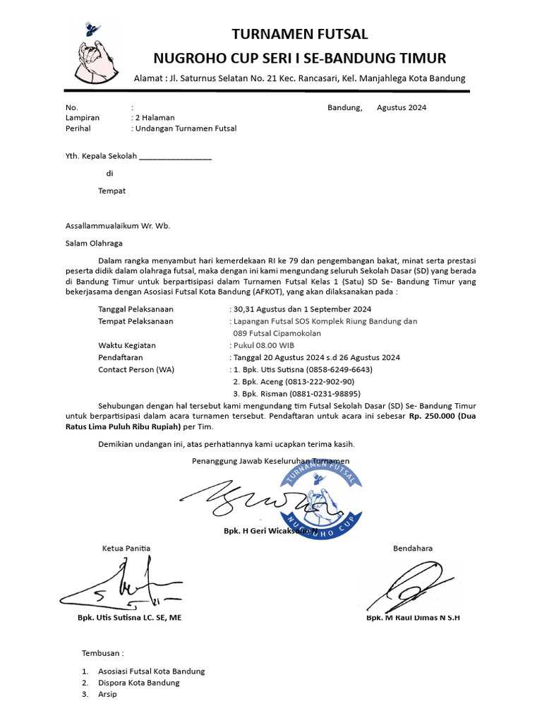 Surat Undangan Turnamen Futsal Nugroho Cup Seri I 2024 | PDF