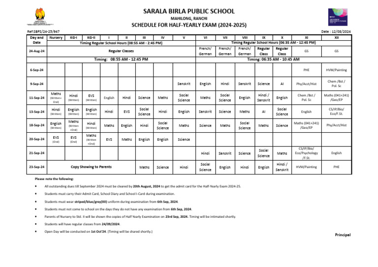 Final Date Sheet HY Exam 2024-25 | PDF