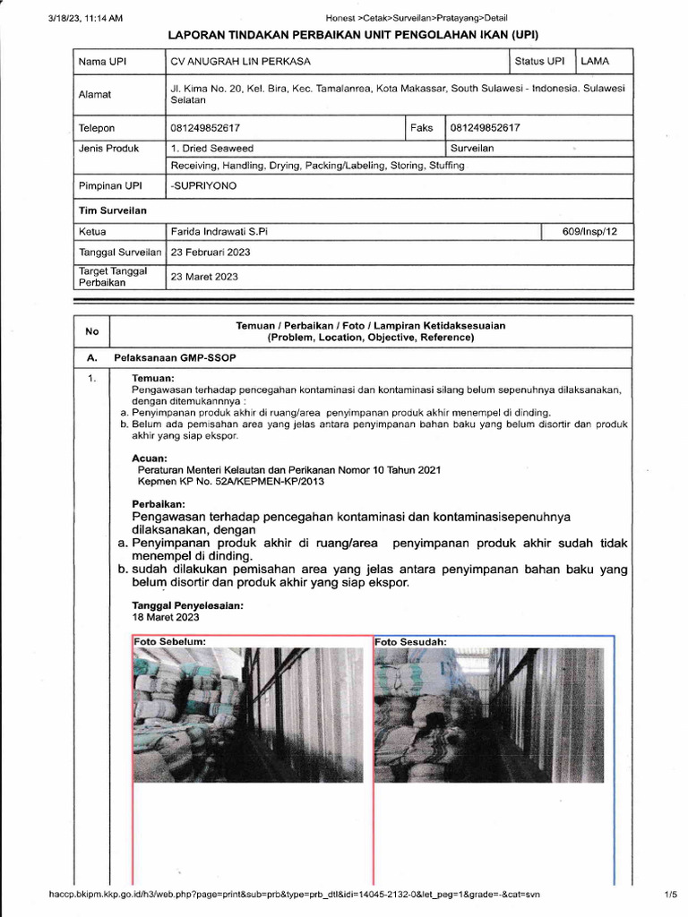 Laporan Tindakan Perbaikan Unit Pengolahan Ikan (Upi) - 20230318 - 0001 | PDF