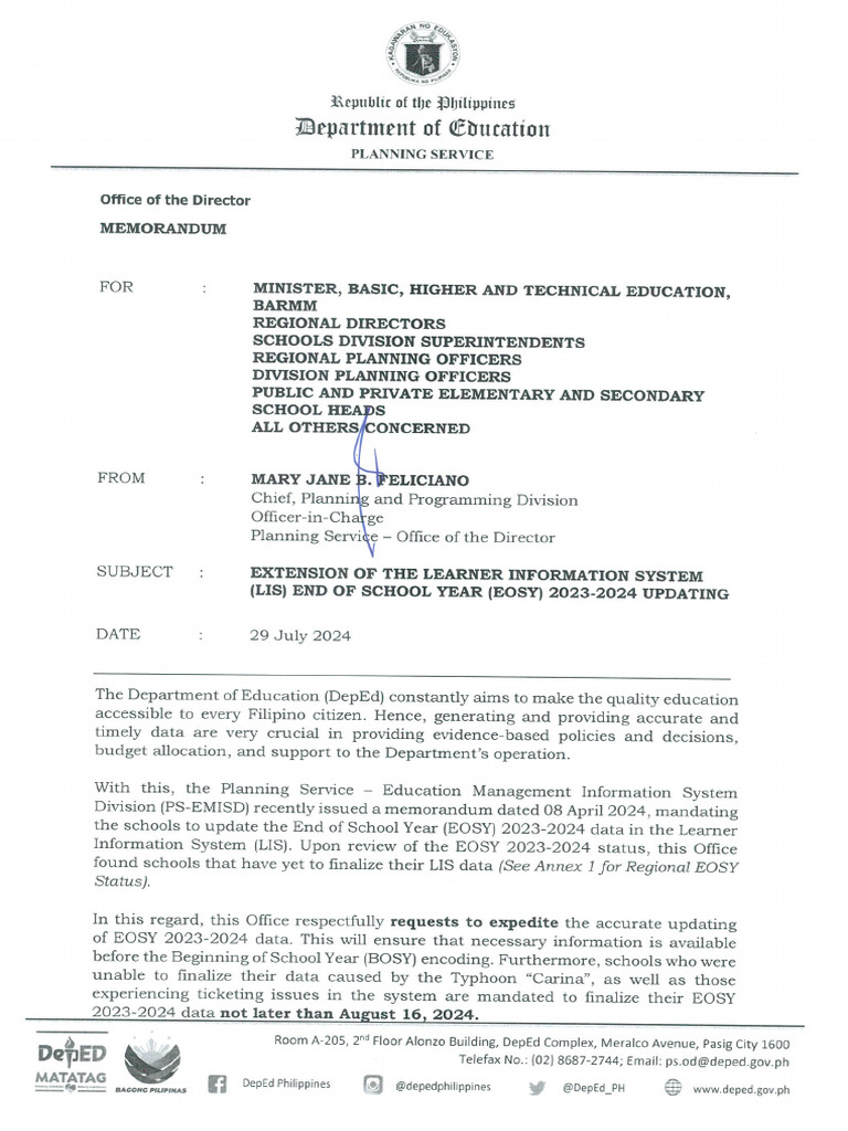 Memo - Extension of The Learner Information System LIS End of School ...
