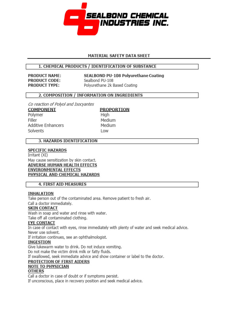 MSDS Sealbond PU-108 Polyurethane Coating | PDF