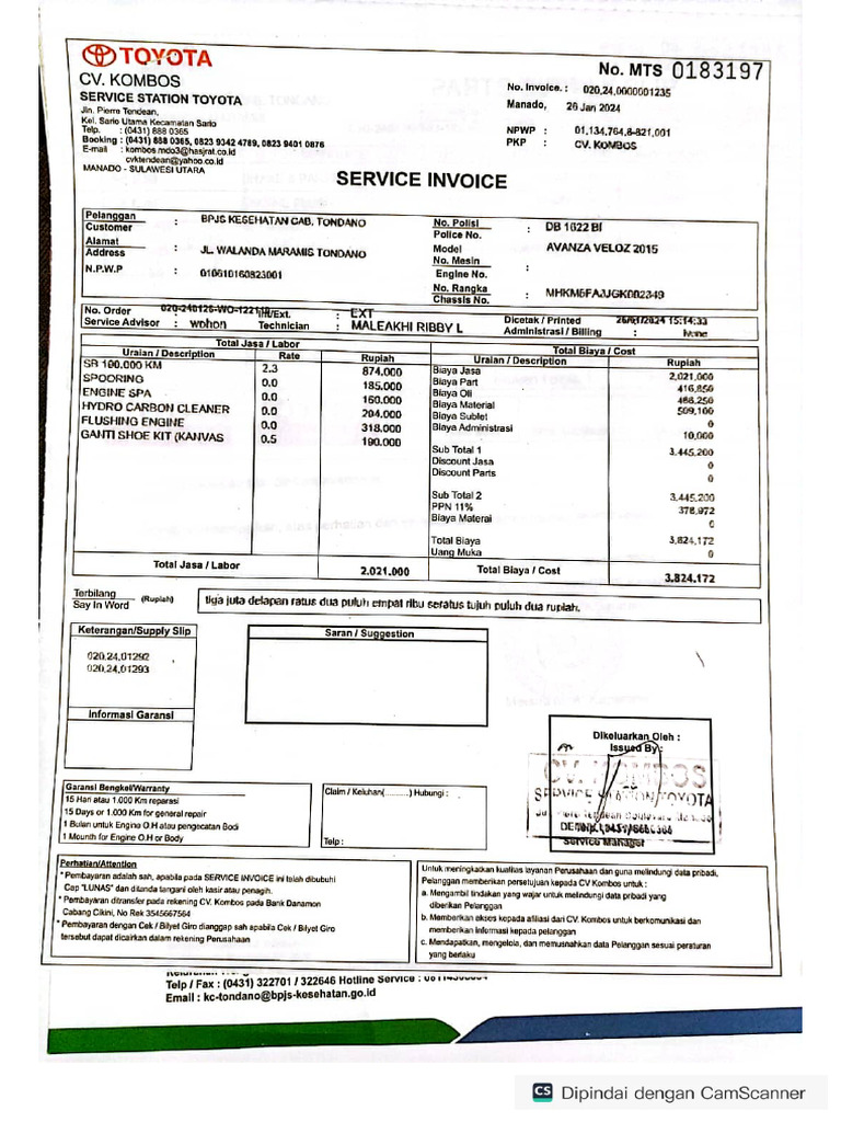Service Invoice&Chek Sheet Technical DB 1622 BI | PDF