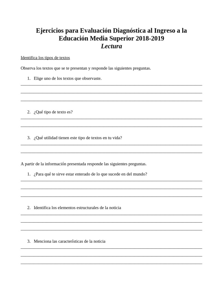 Ejercicios para Evaluación Diagnóstica Al Ingreso A La Educación Media Superior 2018 | PDF