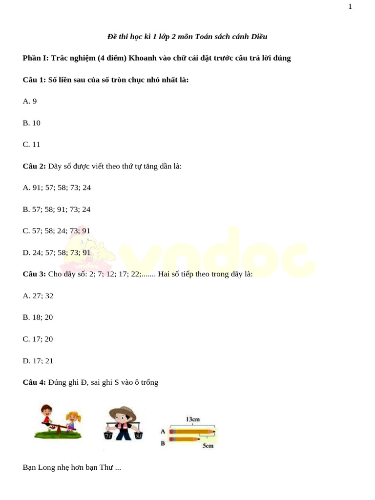 De Thi Hoc Ki 1 Lop 2 Mon Toan Canh Dieu de 1 | PDF