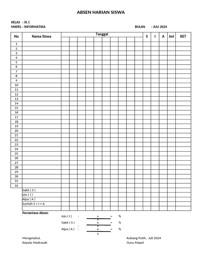 Format Absen Bulanan | PDF