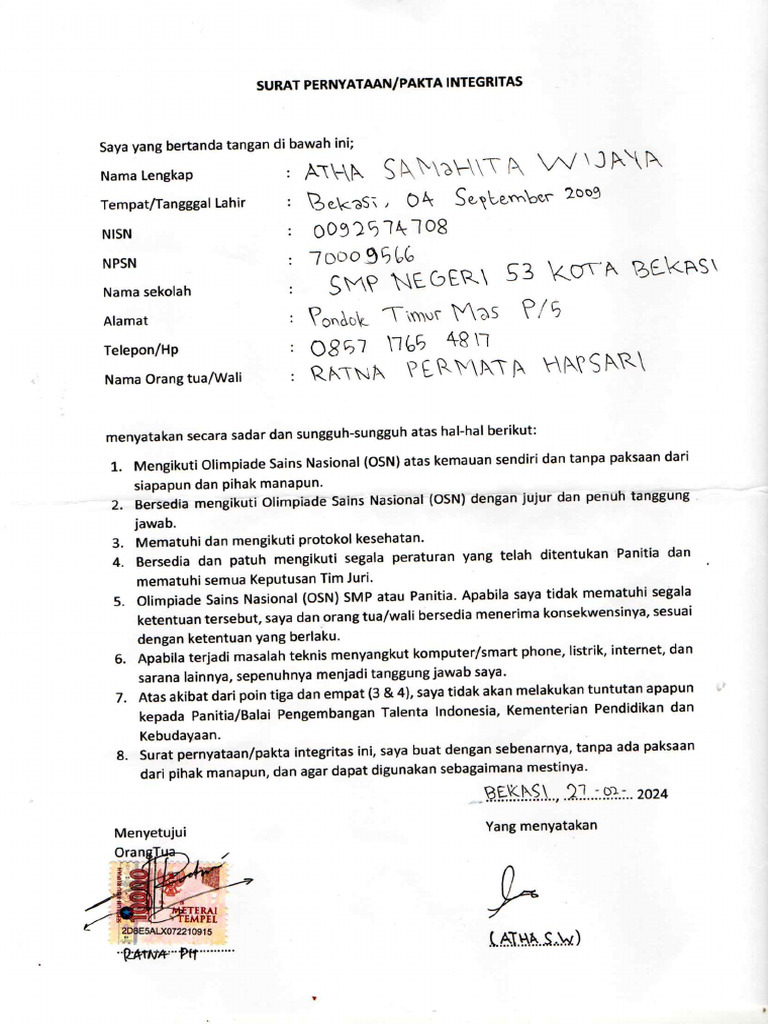 Pakta Intergritas Atha | PDF