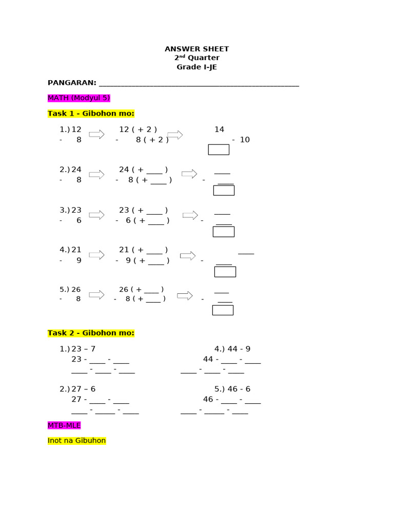 MATH (Modyul 5) : Answer Sheet 2 Quarter Grade I-JE PANGARAN | PDF