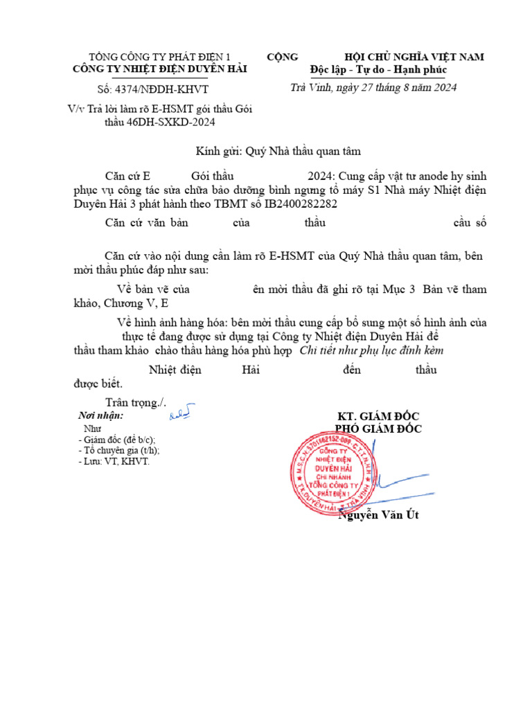 Trả lời làm rõ E-HSMT gói thầu 46DH-SXKD-2024 | PDF