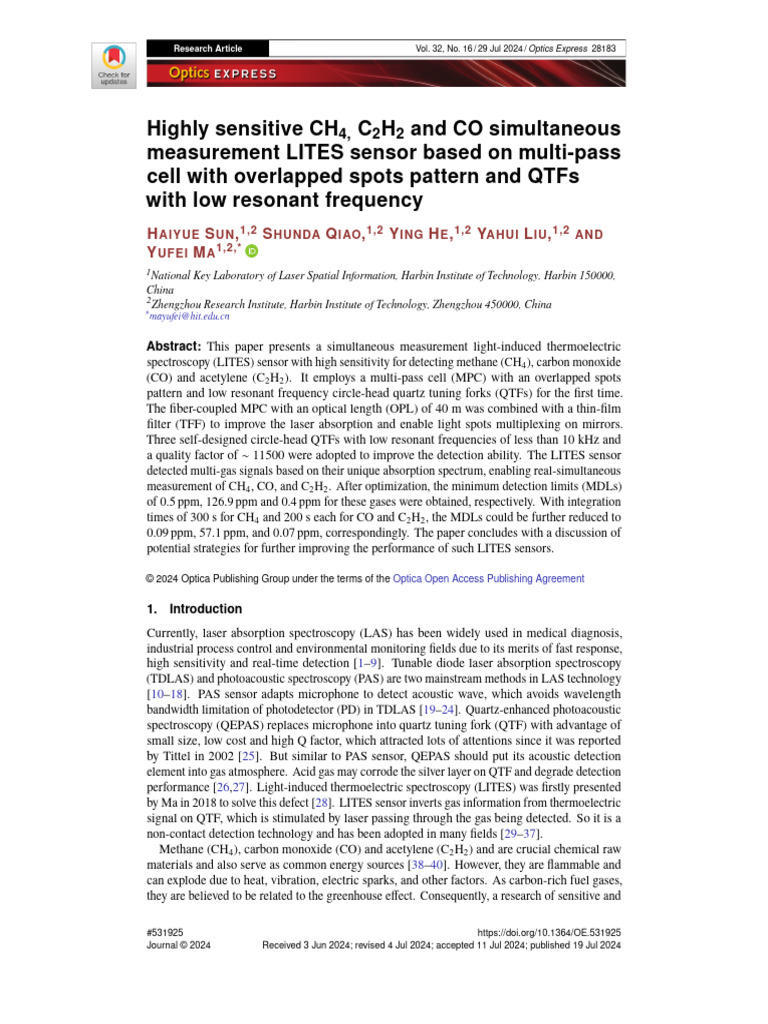Highly sensitive CH4, C2H2 and CO simultaneous measurement LITES sensor ...