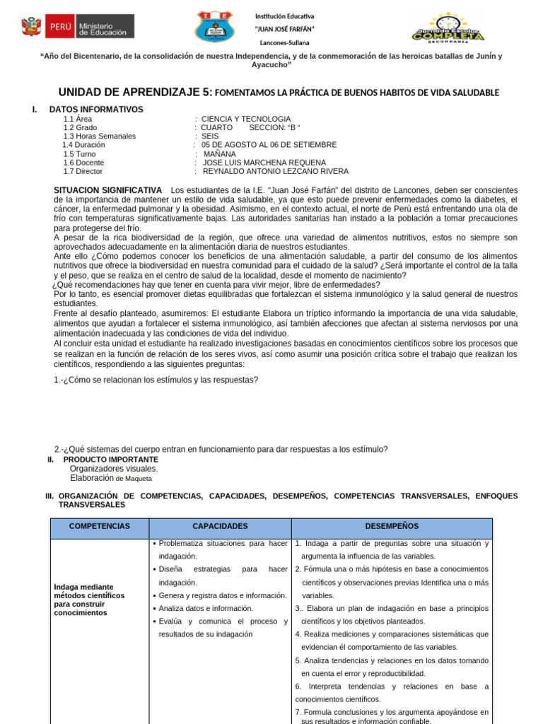 UNIDAD DE APRENDIZA N° 05 2024 C Y T. 4t°docx | PDF