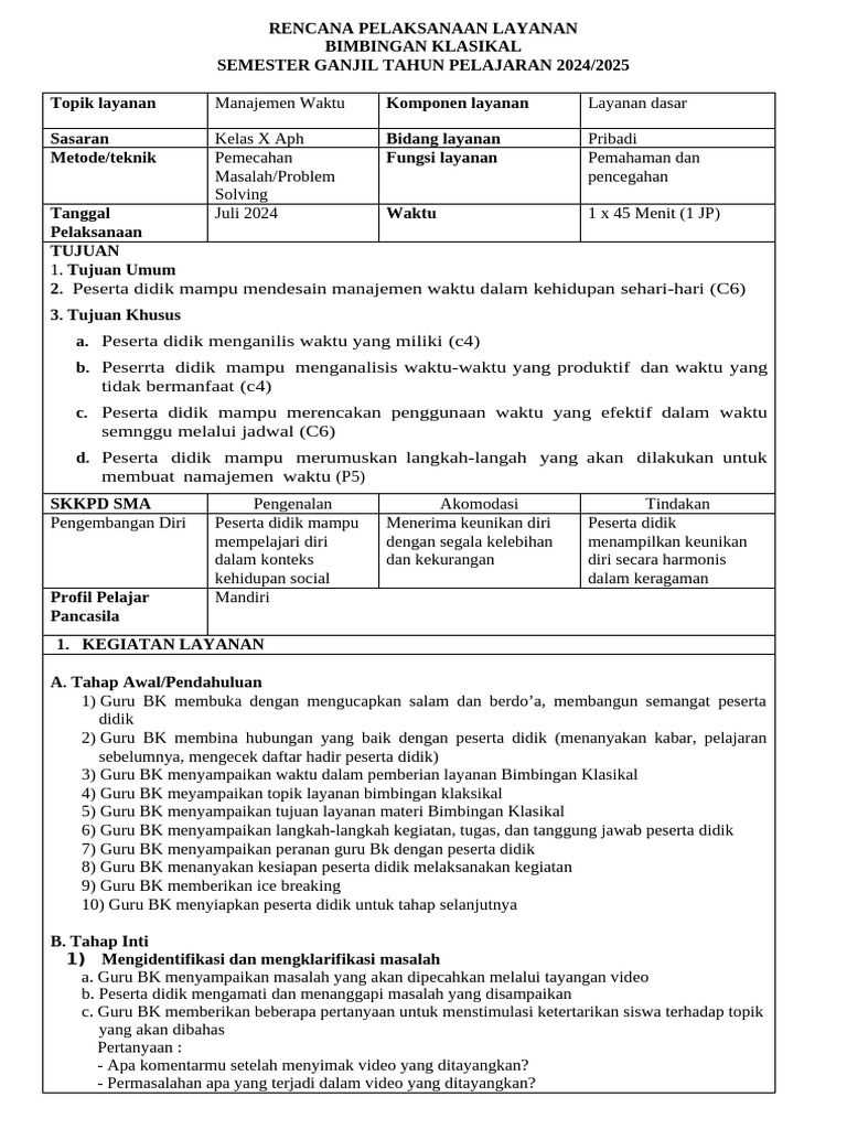 RPL Bimbingan Klasikal Manajemen Waktu Pratama Abrilyani | PDF