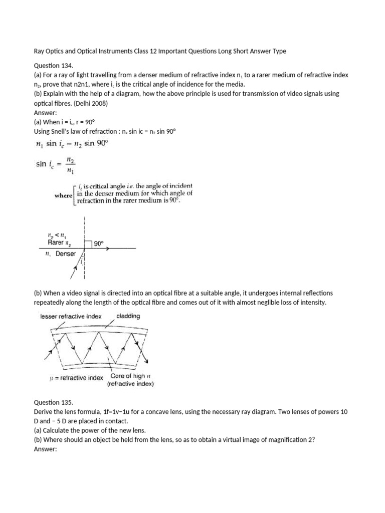 Ray Optics and Optical Instruments Class 12 Important Questions Long ...