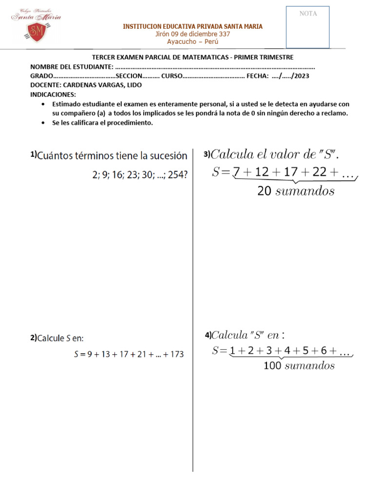 SEGNDO EXAMEN DE MATEMATICAS - RM 2DO GRADO | PDF