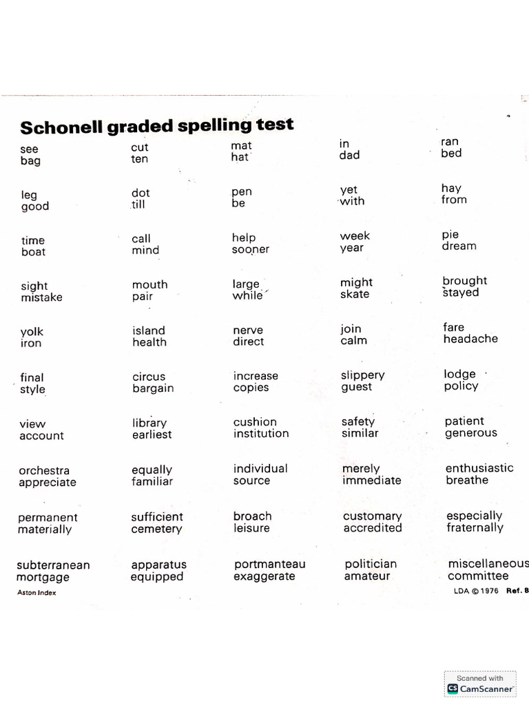 Schonell Spelling Test | PDF