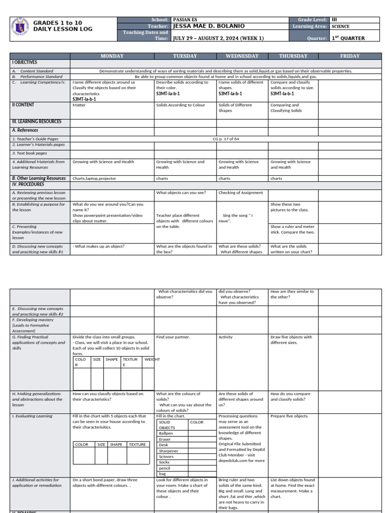 DLL - Science 3 - Q1 - W1 | PDF