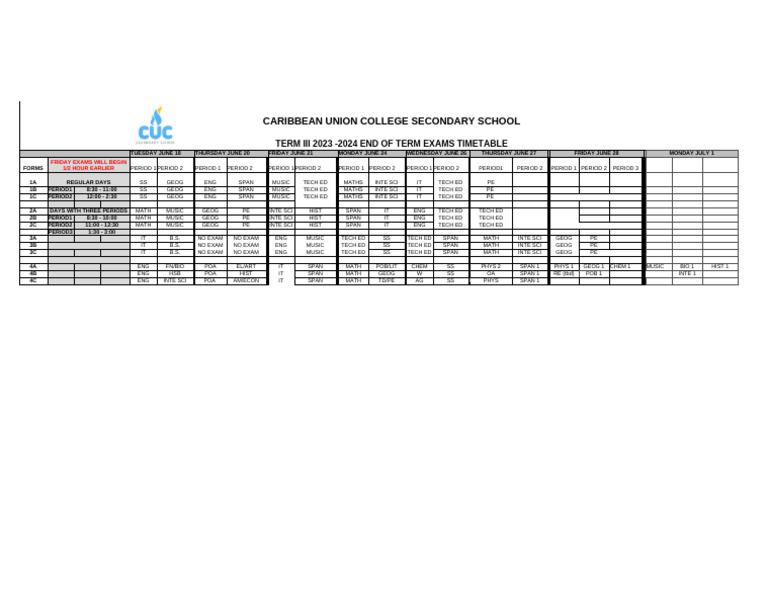 Term 3 End of Term Timetable 2023-2024 | PDF