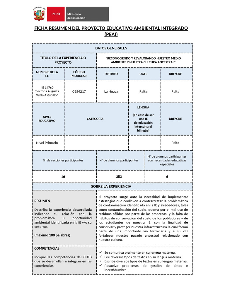 Ficha Resumen Del Proyecto Educativo Ambiental Integrado (Peai) | PDF
