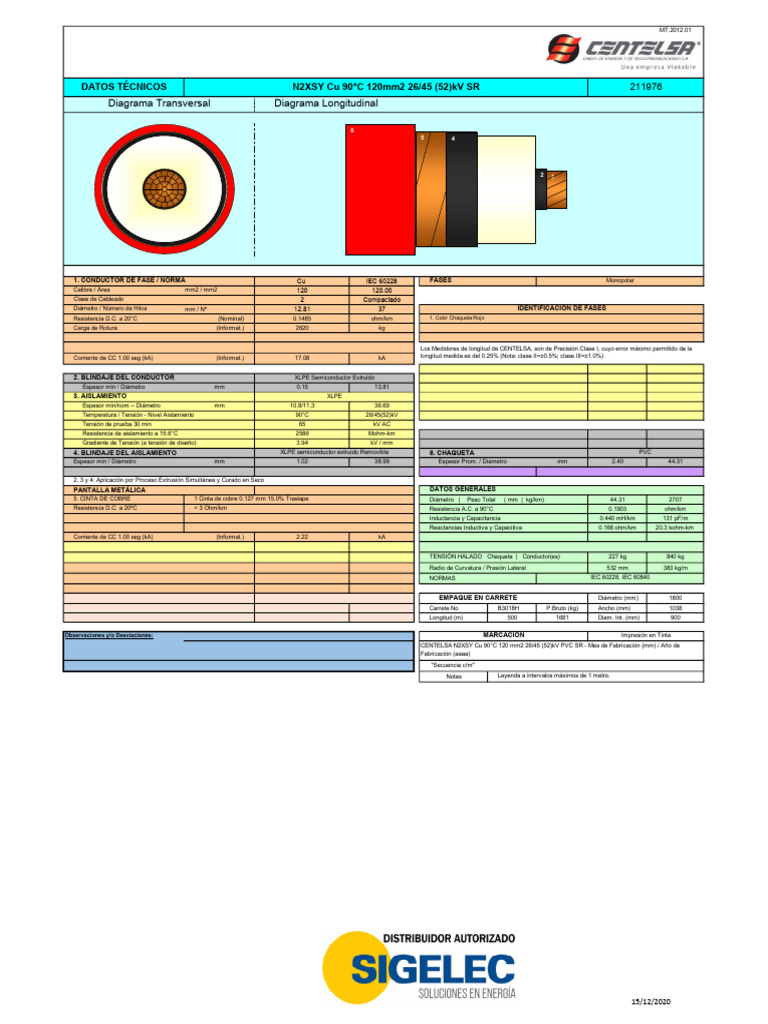 CABLE N2XSY Cu 90C 120mm2 26-45 (52) KV SR - CENTELSA | PDF