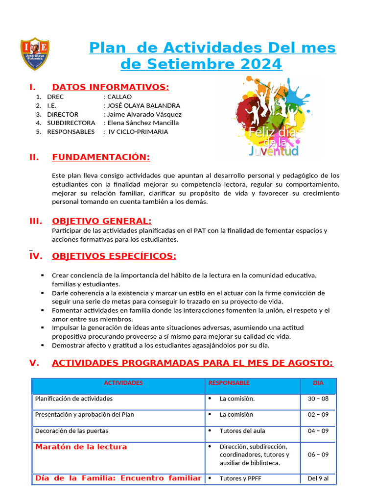 PLAN DE ACTIVIDADES_SETIEMBRE_2024 | PDF