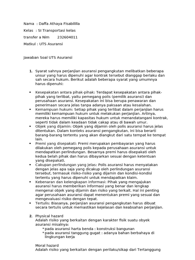 Jawaban UTS Asuransi Daffa Athaya - 232604011 - A | PDF